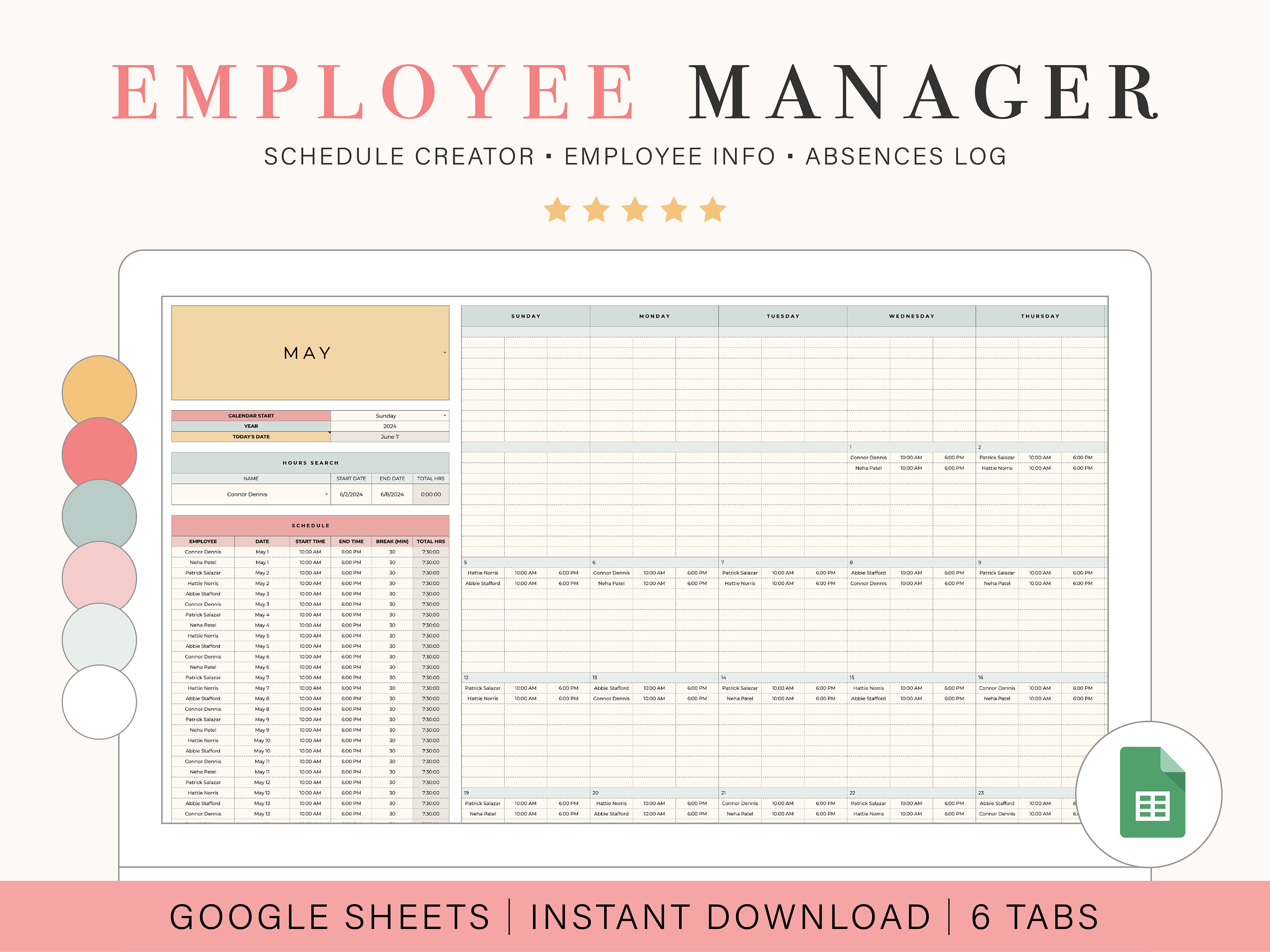 Employee Info and Absence Tracker | Monthly Employee Schedule ...