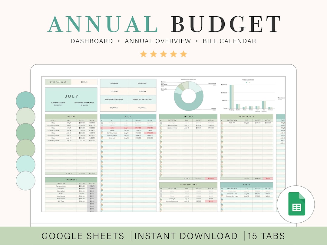 Annual Budget Spreadsheet for Google Sheets Spending Tracker Bill ...