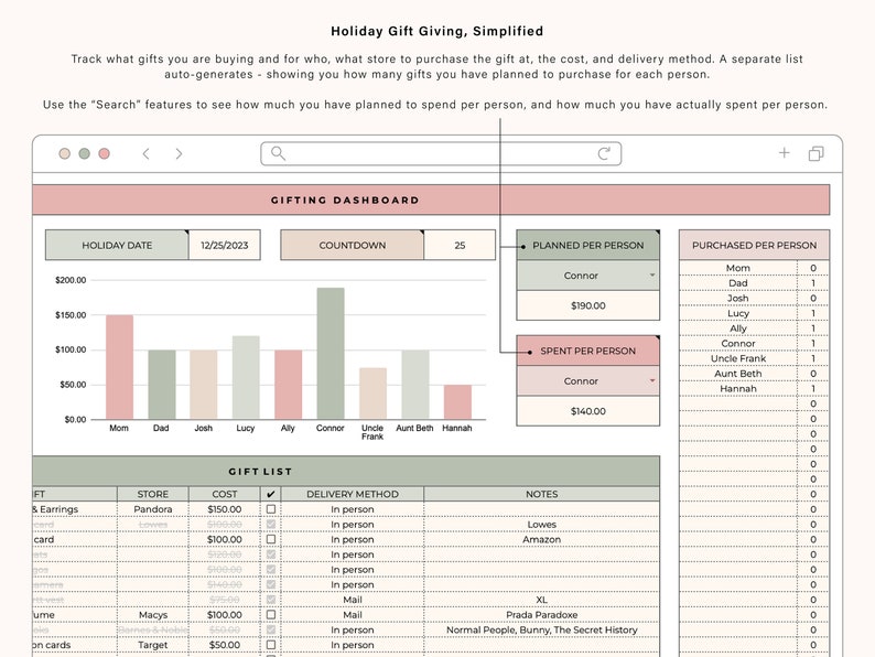Holiday Planner | Christmas Gift Tracker | Gift Tracking Spreadsheet ...