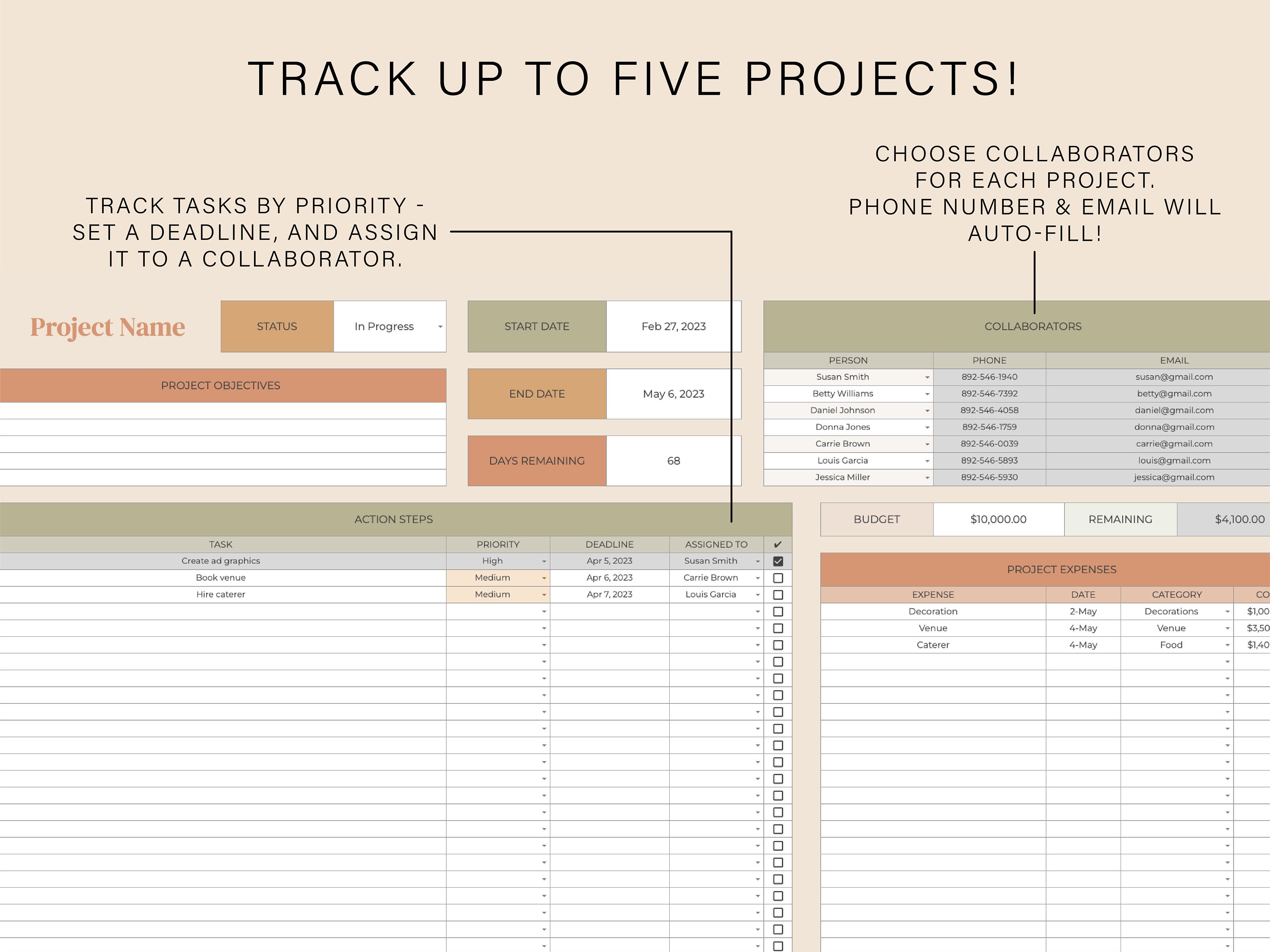 Project Management Planner Spreadsheet Small Business Project Tracker ...
