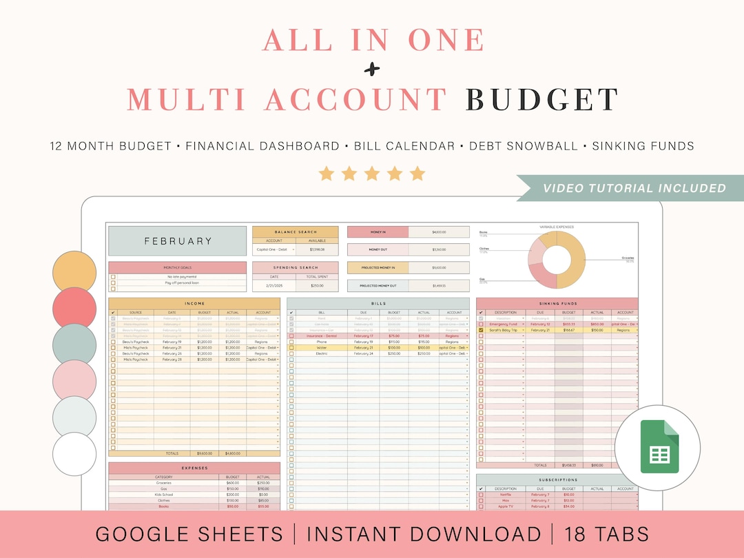 Budget Spreadsheet Template for Multiple Accounts | Monthly Budget ...