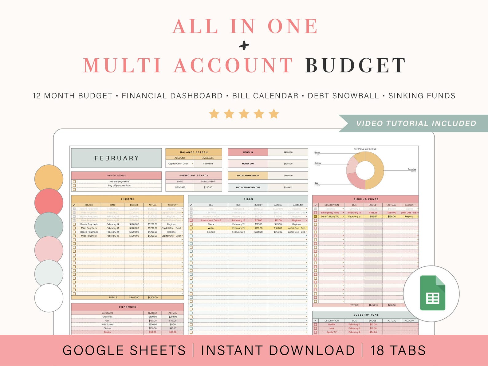 Budget Spreadsheet Template for Multiple Accounts | Monthly Budget ...