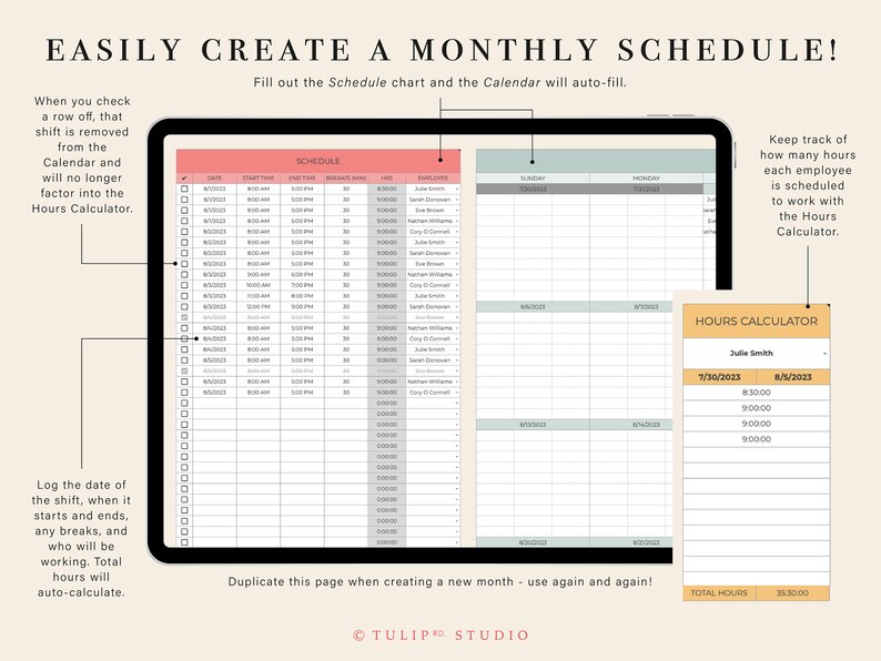 Employee Info and Absence Tracker Monthly Employee Schedule Business ...