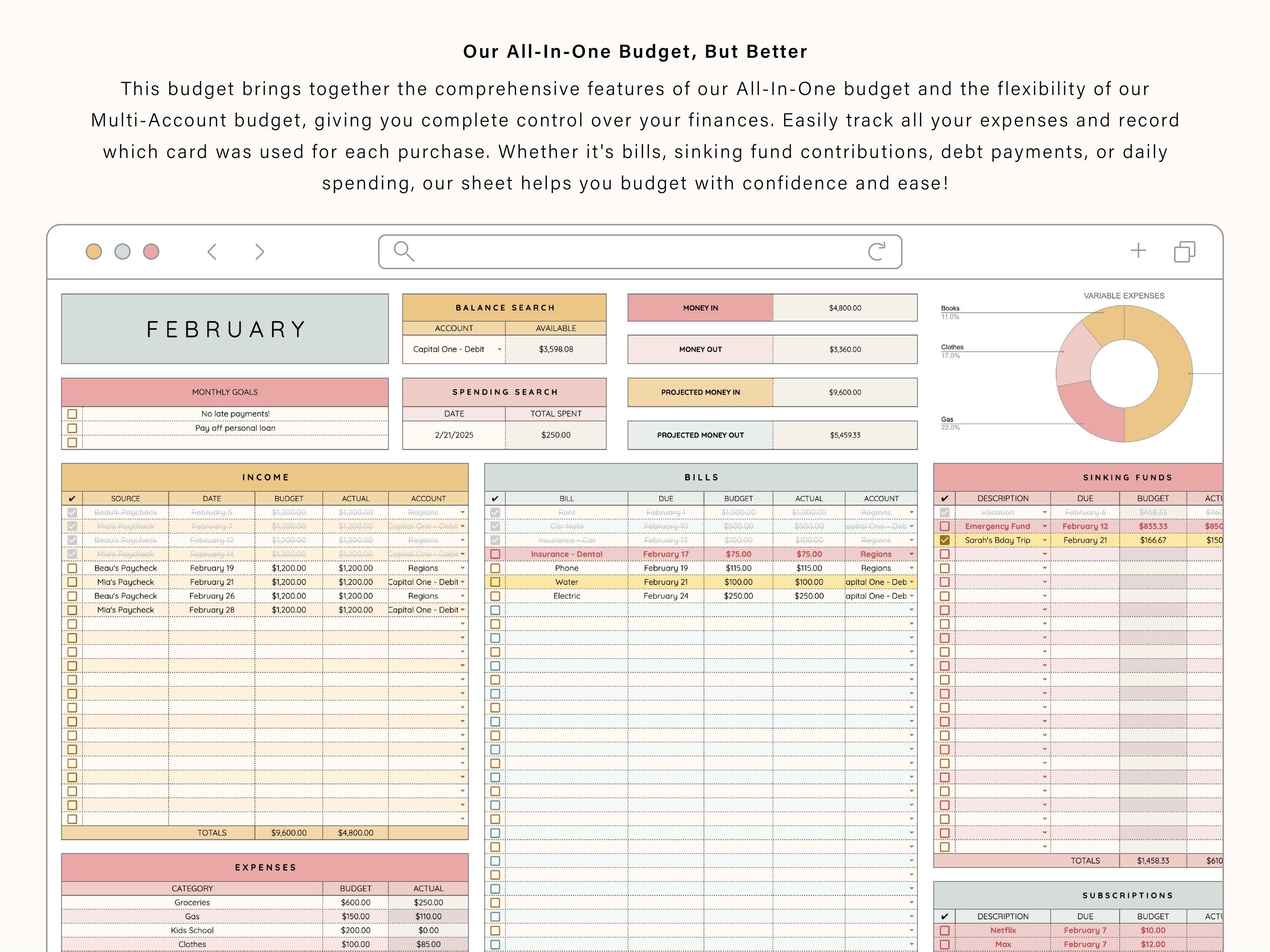 Budget Spreadsheet Template for Multiple Accounts | Monthly Budget ...