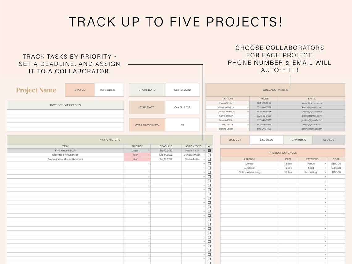 Project Management Planner Spreadsheet | Small Business Project Tracker ...