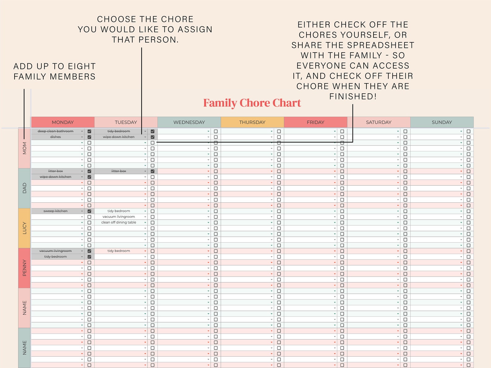 Family Chore Chart Google Sheets Spreadsheet Template Digital Chore ...