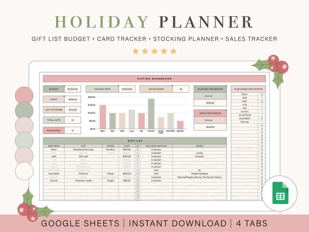Holiday Planner Christmas Gift Tracker Gift Tracking Spreadsheet Google ...