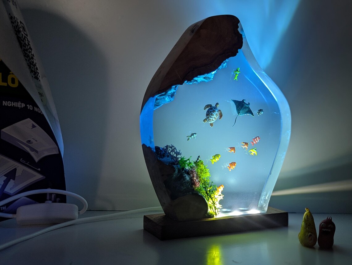 Handcrafted Epoxy Resin Ocean Lamp: Coffee Wood Base, LED Light - Etsy
