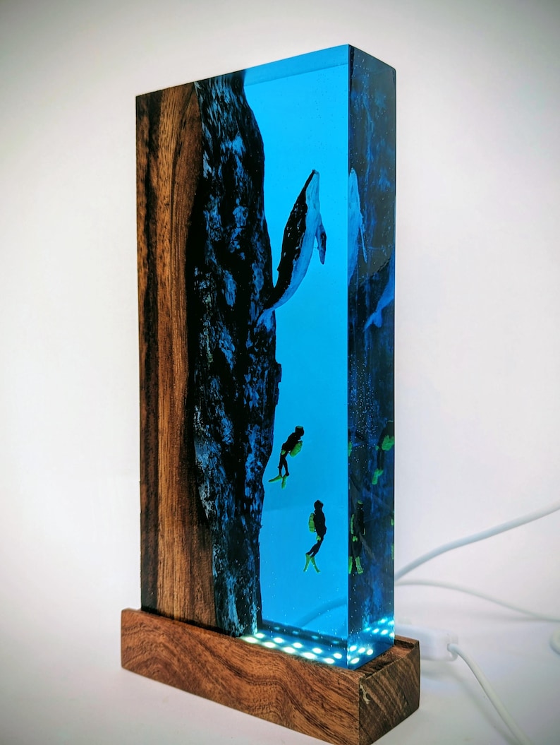 Ocean Deep Resin Lamp With Divers and Whale | Handmade Wood & Epoxy ...