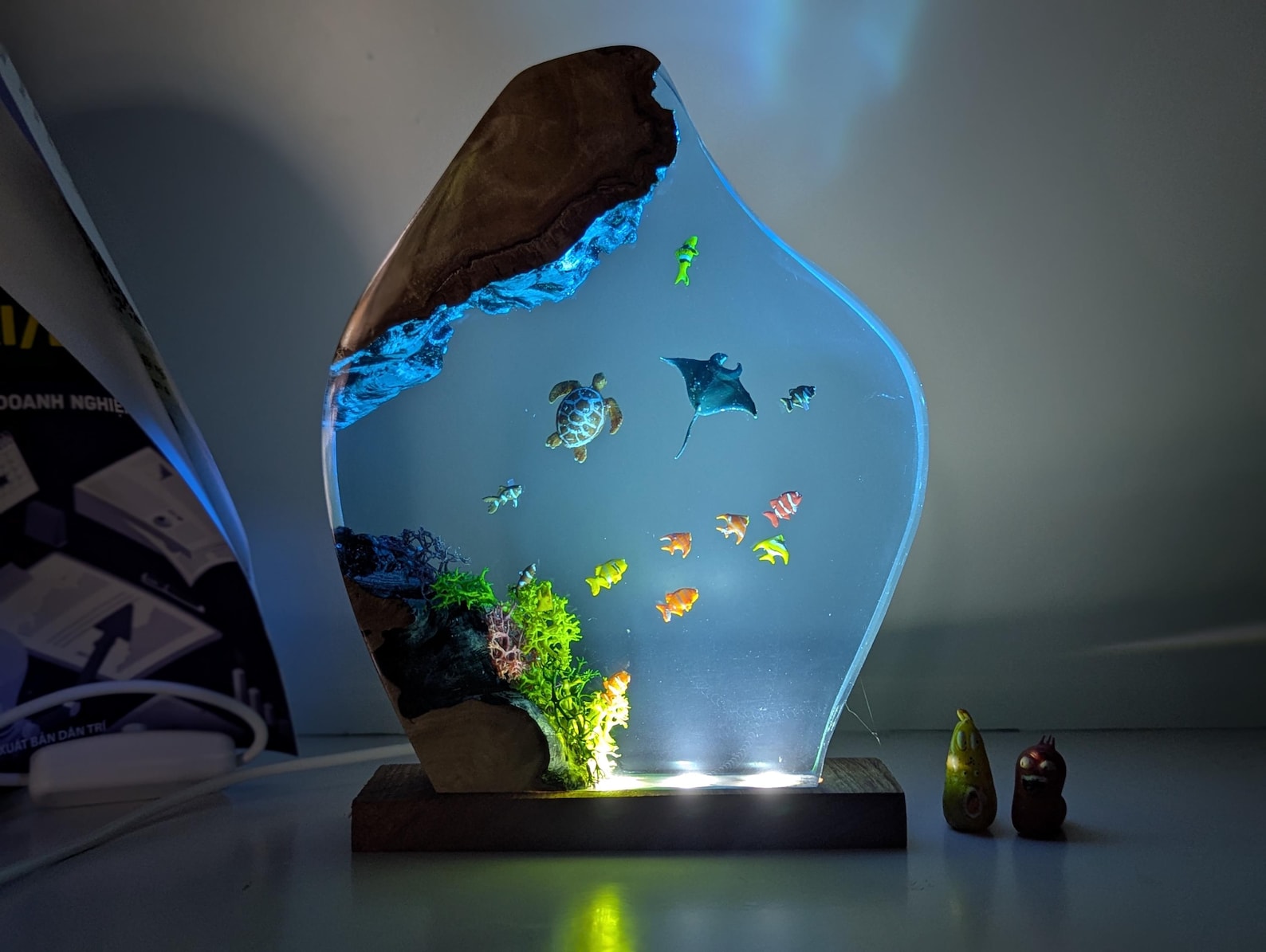 Handcrafted Epoxy Resin Ocean Lamp: Coffee Wood Base, LED Light - Etsy
