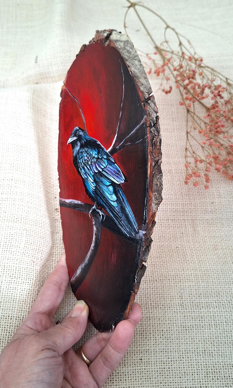 Original Raven Oil Painting on Wood Slice| Wildlife Bird Painting on ...