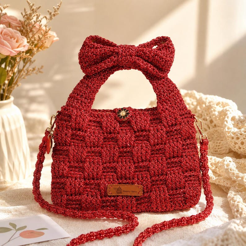 Red Crochet Bow Bag, Woven Texture Crossbody Purse, Cottagecore Kawaii ...