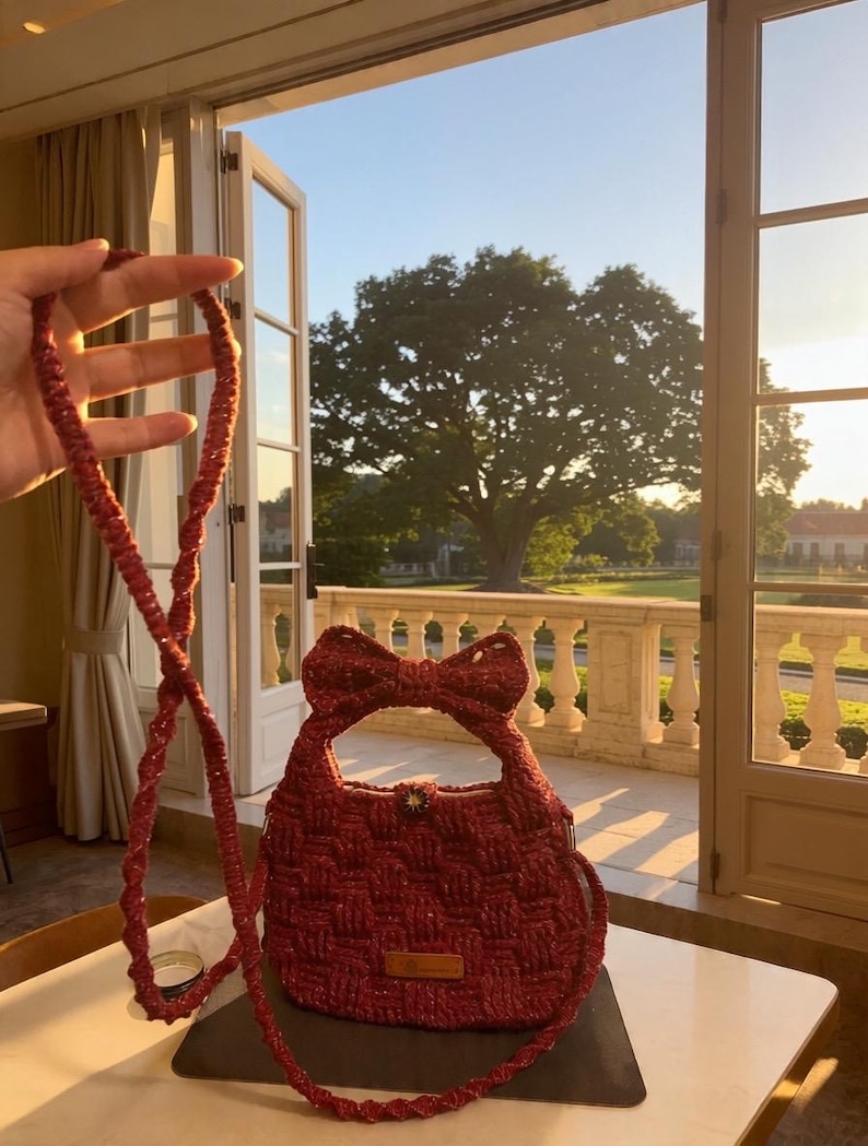 Red Crochet Bow Bag, Woven Texture Crossbody Purse, Cottagecore Kawaii ...