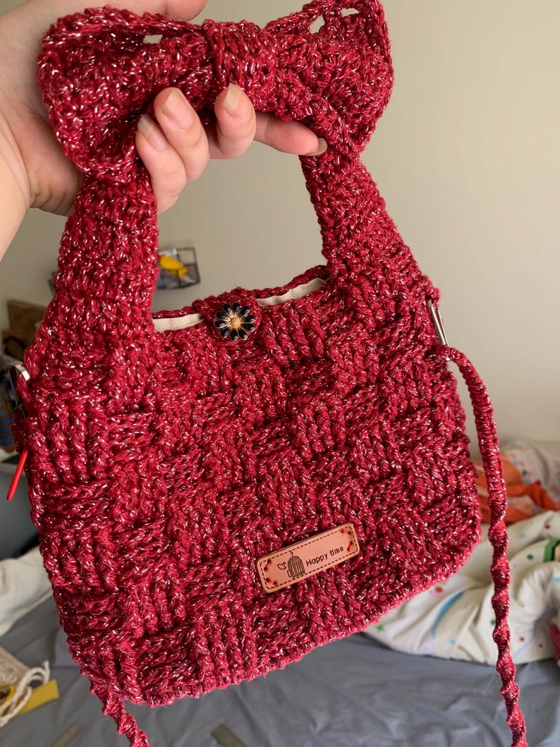 Red Crochet Bow Bag, Woven Texture Crossbody Purse, Cottagecore Kawaii ...