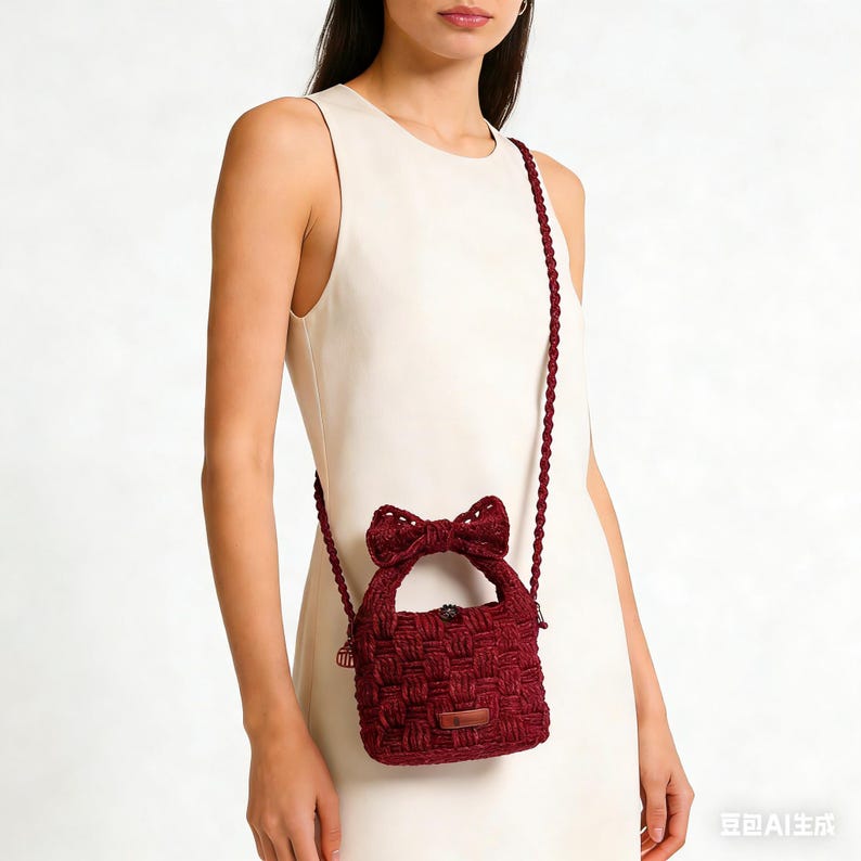 Red Crochet Bow Bag, Woven Texture Crossbody Purse, Cottagecore Kawaii ...