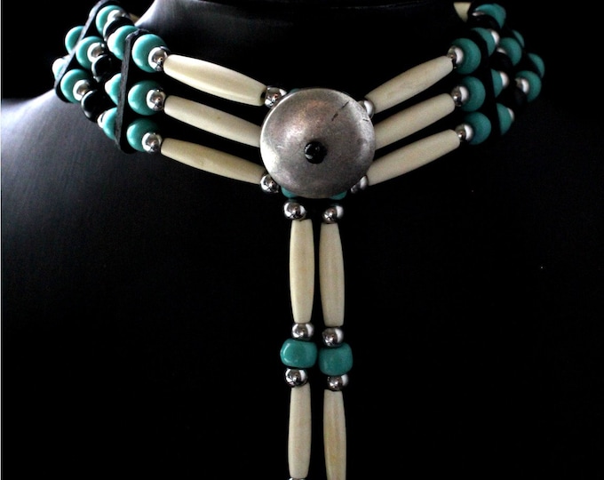 Buffalo Bone Choker Leather Binding Native Indian Jewelry Bovine Beads ...