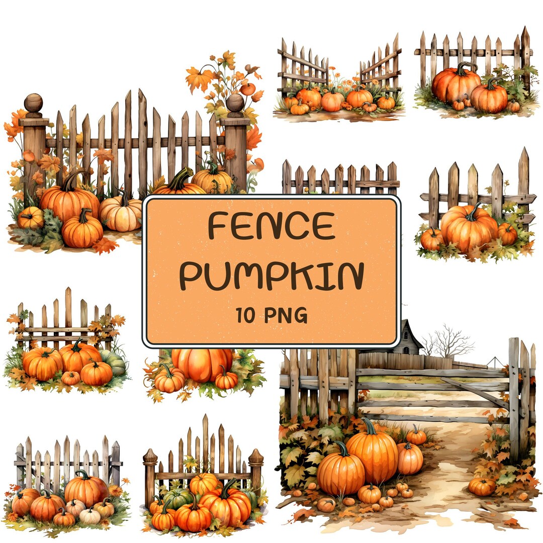 Watercolor Halloween Pumpkin Fence Clipart, Watercolor Fall Floral ...
