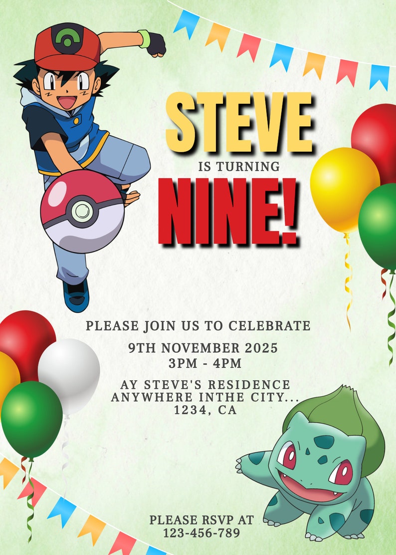 Editable POKEMON Birthday Invitation Printable Party Invite - Etsy