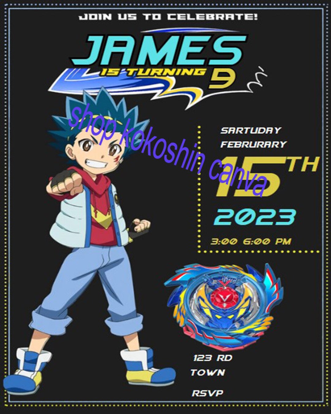 Beyblade Birthday Party Invitation Custom Canva 4 X 6 or 5 X 7 Free ...