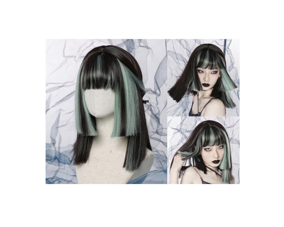 Mint Black Brown Coquette Short Straight Natural Wigs With Bangs, Bob ...