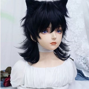 Black Blue Mullet Short Wigs With Bangs, Wolf Cut Natural Wigs, Man's ...