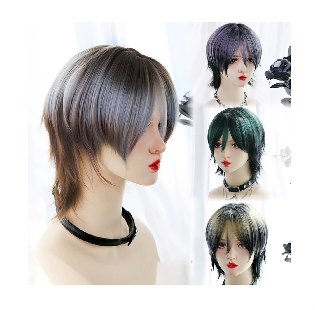 Mullet Short Natural Wigs With Bangs, Wolf Cut Short Wigs for Men, Man ...