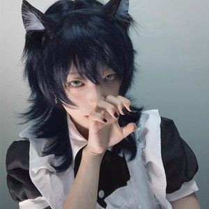 Black Blue Mullet Short Wigs With Bangs, Wolf Cut Natural Wigs, Man's ...