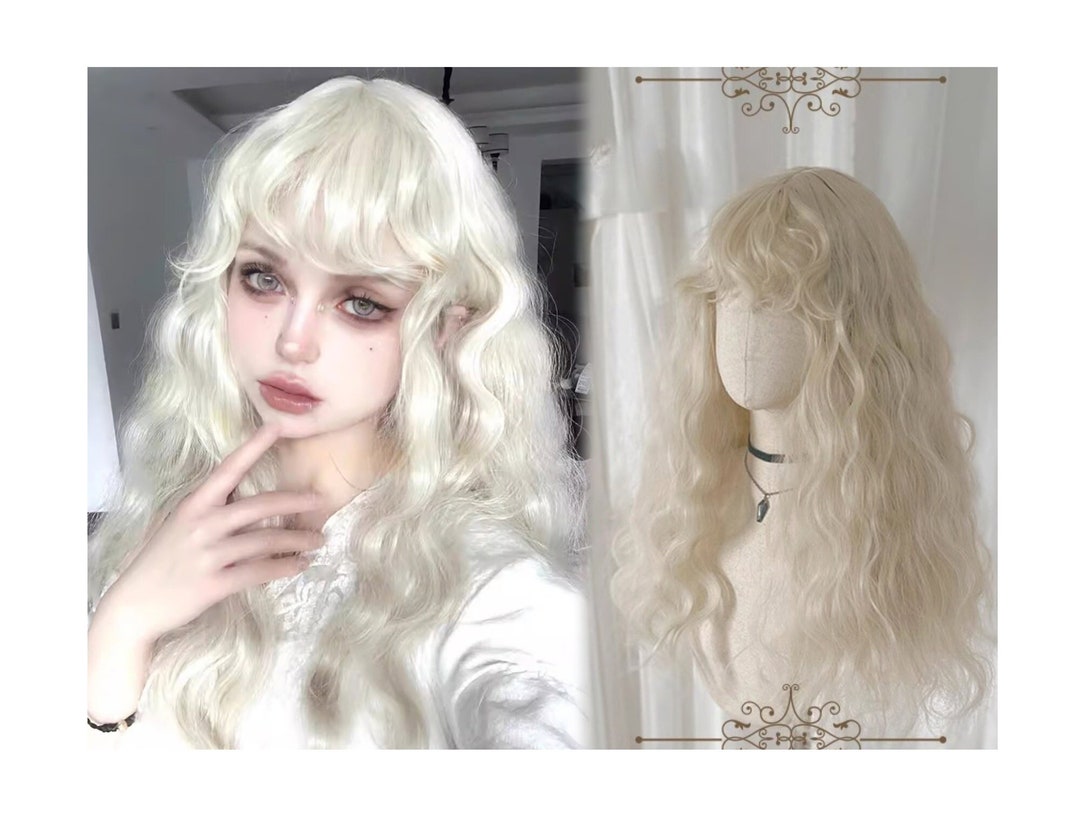 Angel White Gold Long Curly Wigs With Curl Bangs Pale Blonde - Etsy