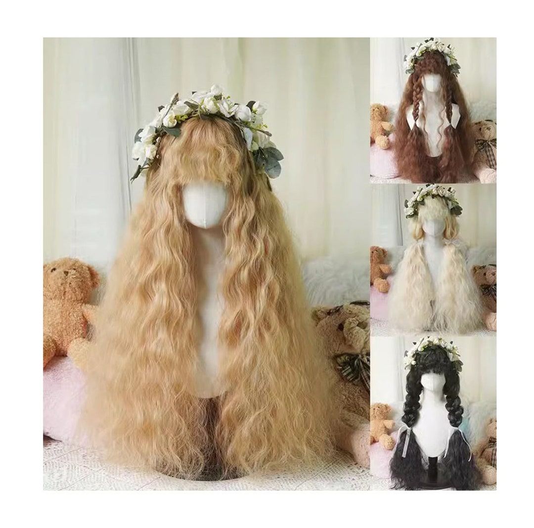 4 Colors Curl Long Princess Wig With Bangs, Blonde Brown Black Curl ...