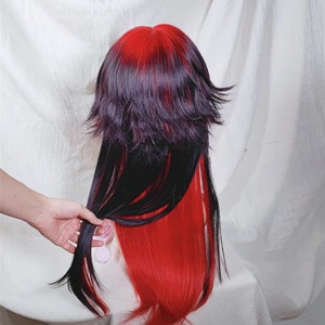 Goth Black Red Mullet Wig, Wolf Cut Wig for Cosplay Vampire Devil ...