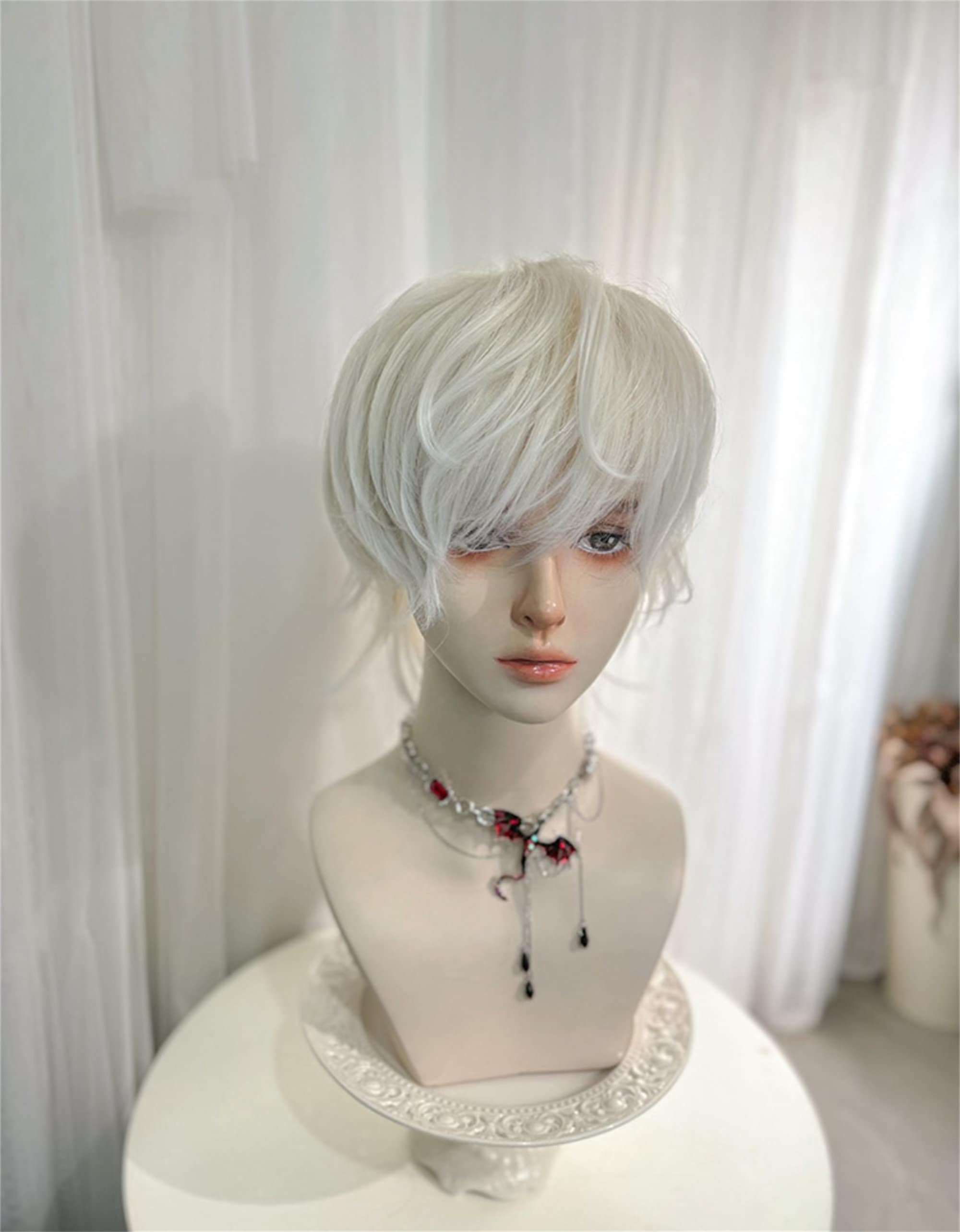 White Mullet Natural Wigs With Bangs, Goth White Short Wigs for ...