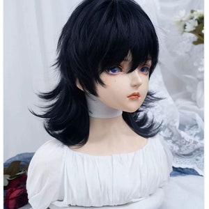 Black Blue Mullet Short Wigs With Bangs, Wolf Cut Natural Wigs, Man's ...