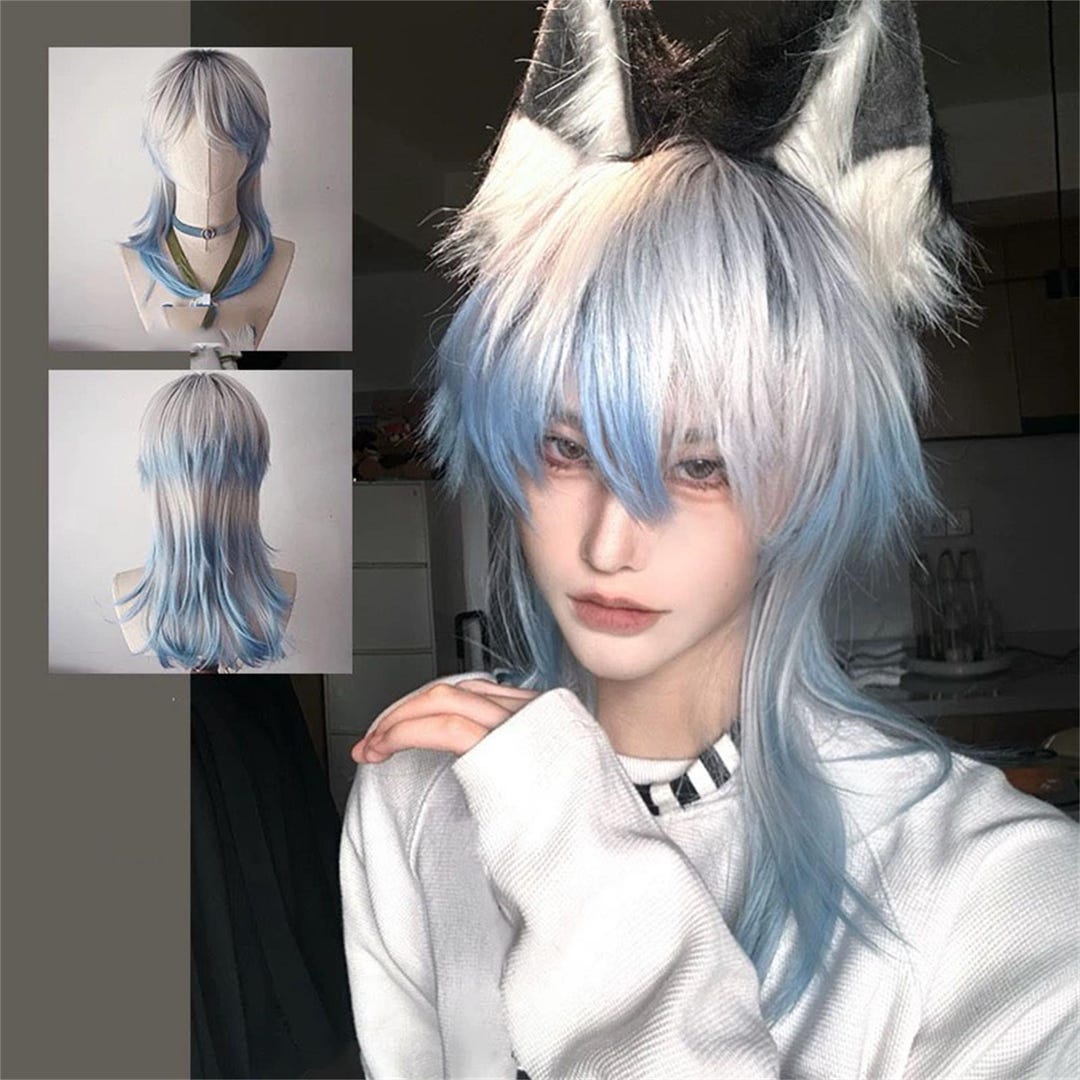 Blue Mullet Wigs With Bangs, Silver Gray Blue Wolf Cut Long Wigs ...