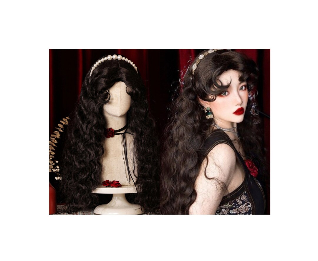 Gypsy Rose Black Long Wavy Curly Natural Wigs With Bangs, Halloween ...