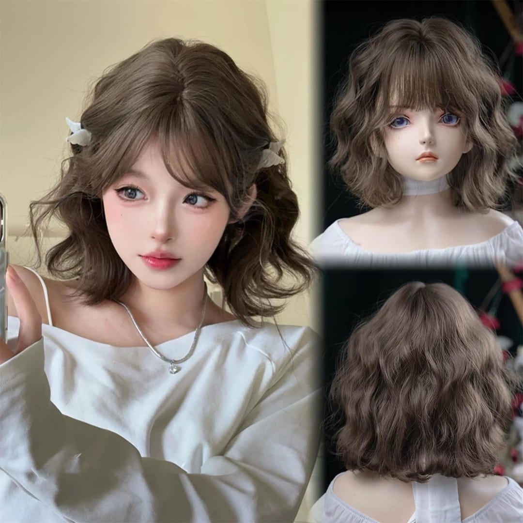 Brown Short Curly Wig With Bangs, High Temperature Fiber - Etsy