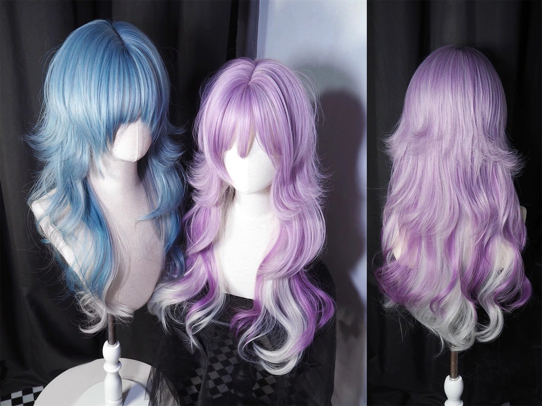 Jellyfish Long Wavy Wig With Bangs, Gradient Purple Blue Y2K Wig for ...