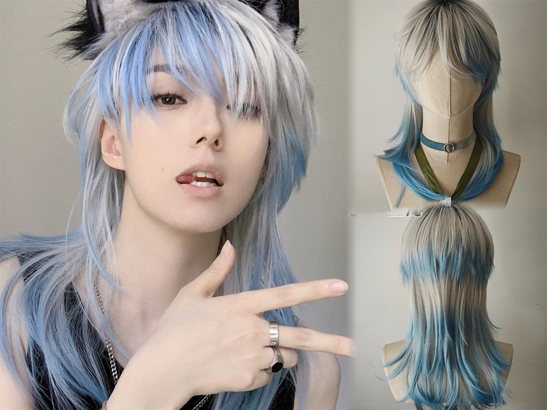 Blue Mullet Wigs With Bangs, Silver Gray Blue Wolf Cut Long Wigs ...