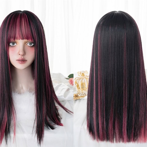 Black Highlights Pink Long Straight Wigs With Bangs Pink - Etsy