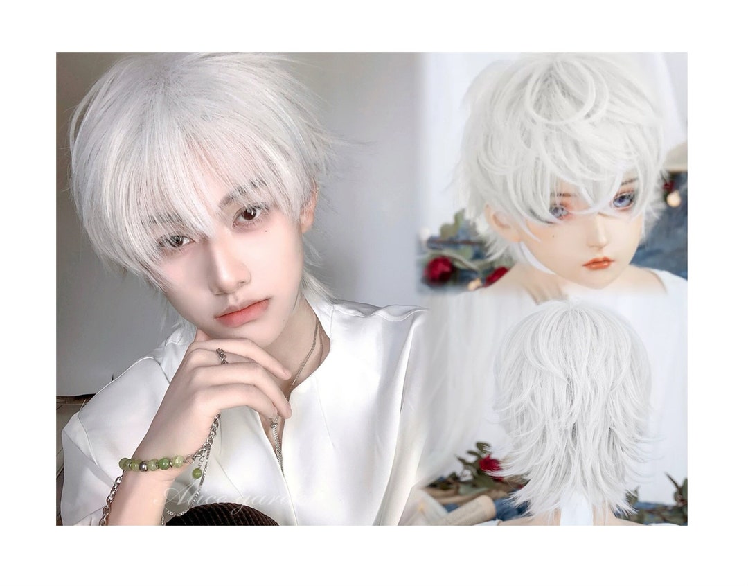 White Mullet Wigs With Bangs, Goth White Short Natural Wigs for ...