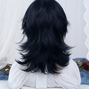 Black Blue Mullet Short Wigs With Bangs, Wolf Cut Natural Wigs, Man's ...