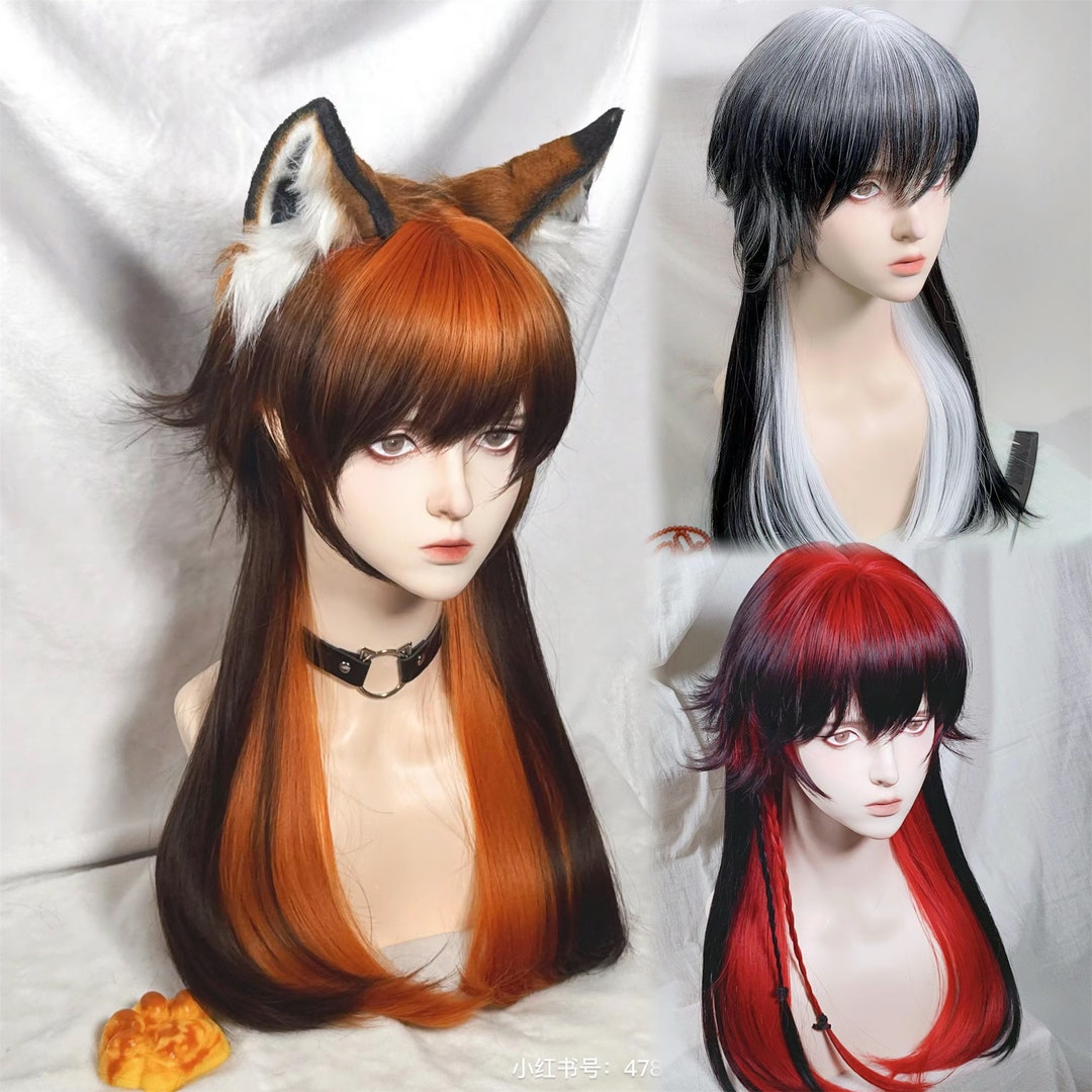 Gradiant Mullet Wig, Wolf Cut Wig, Orange/white/red/blue Black Wig ...