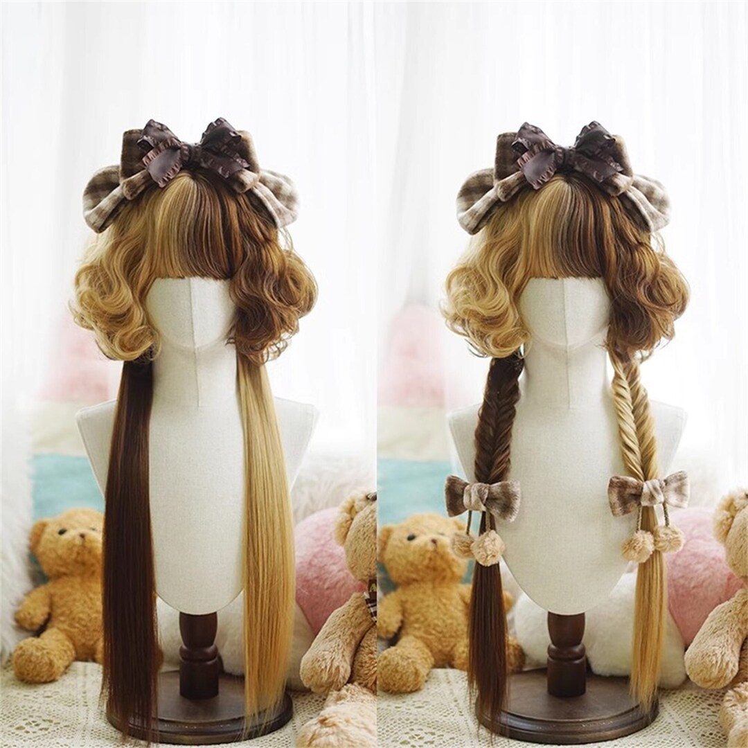 5 Colors Lolita Curly Jellyfish Curly Wig With Bangs, Black Brown White ...