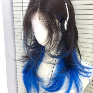 Flame Blue Mullet Wig, Front Lace Wig, Black Brown Mixed Blue Natural ...