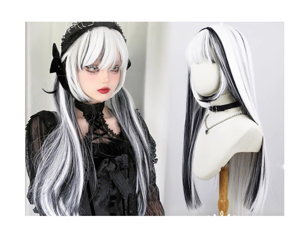 White Black Long Straight Wigs With Bangs, Sexy Y2K Kpop Party Dress up ...