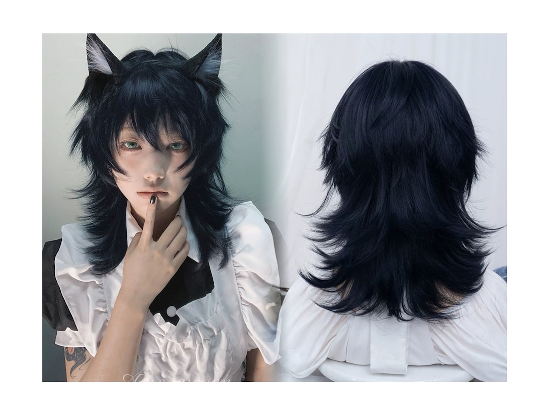 Black Blue Mullet Short Wigs With Bangs, Wolf Cut Natural Wigs, Man's ...