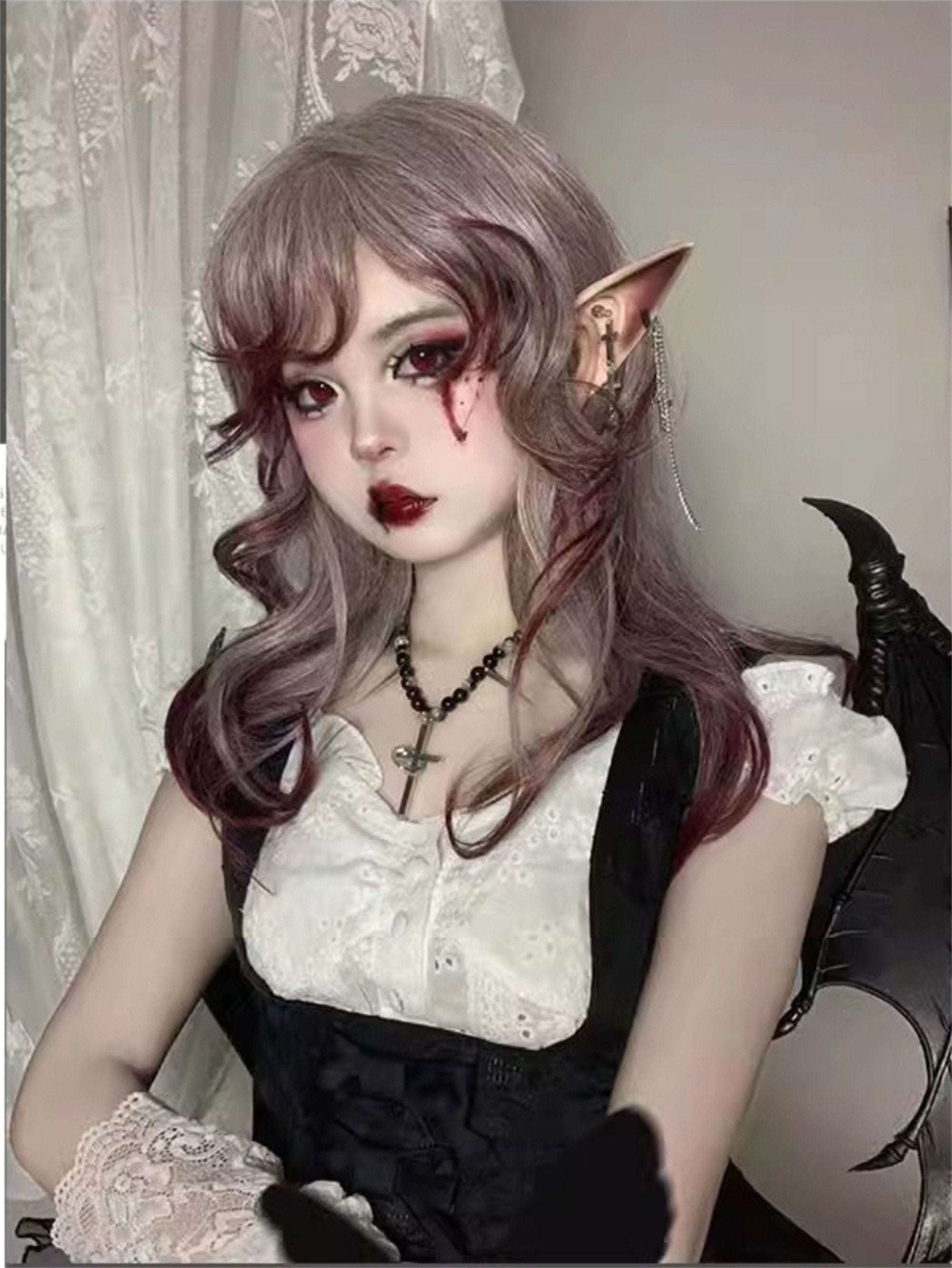 Goth Red Gradient Wavy Wig With Bangs, Cosplay Devil Vampire Fairy Wig ...