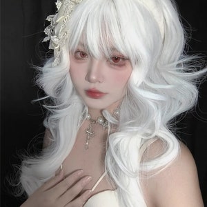 White Long Loose Wave Wig for Women, Natural Wig for Girl, Synthetic ...