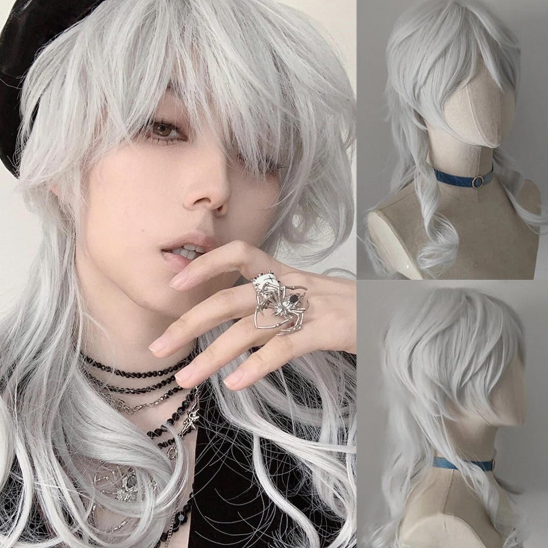 Wolf Cut Short Natural Men's Wigs, Silver Grey Wolf Cut Gothic Wigs ...