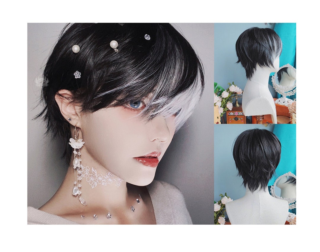 Black Silver White Short Natural Men's Wigs, Gothic Short Wigs, Kpop ...