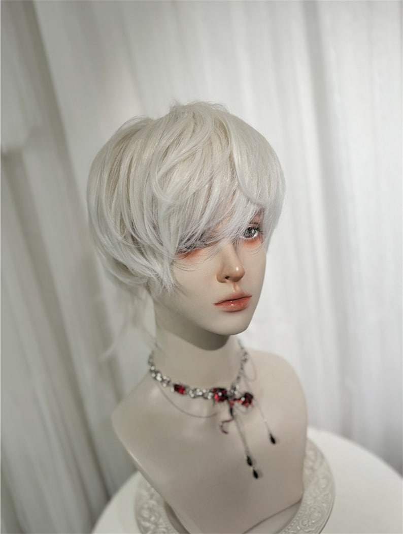 White Mullet Natural Wigs With Bangs, Goth White Short Wigs for ...
